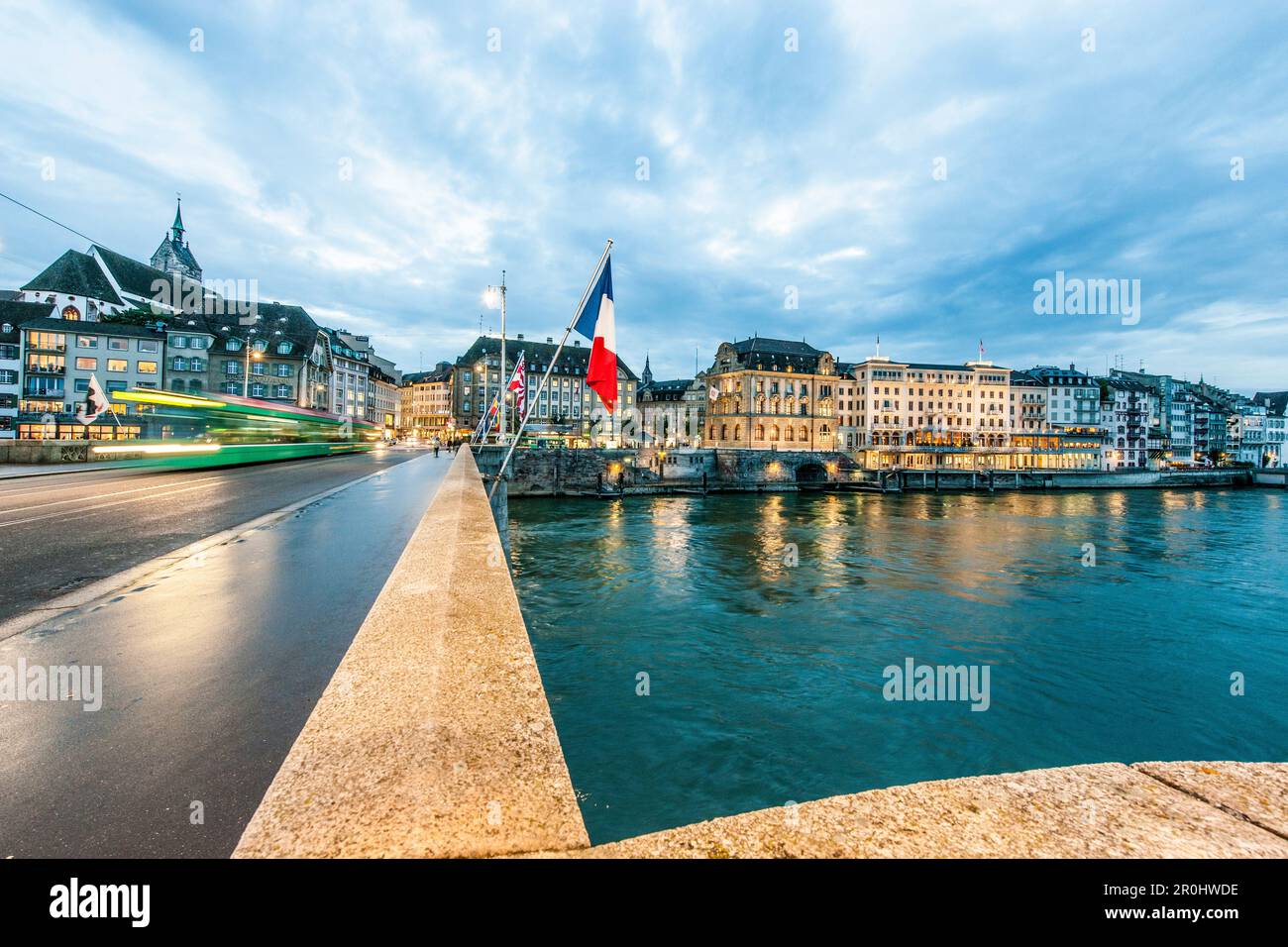 View over the river Rhine with Mittlere Bruecke (Middle Bridge) to a ...