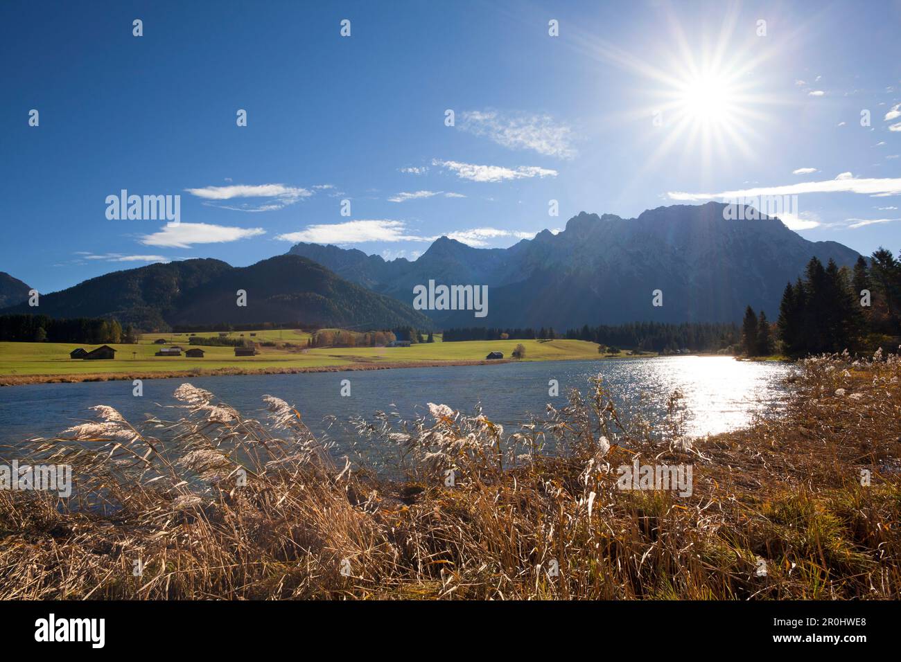View over lake Schmalensee to the Karwendel mountains, near Mittenwald ...