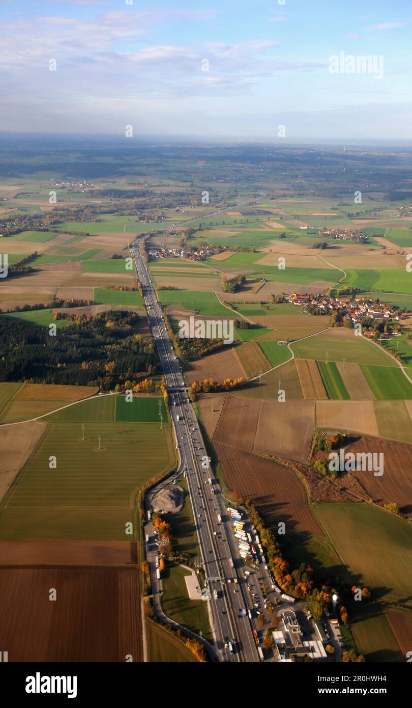 View from an airplane, A9 motorway, highway north of Munich, Bavaria ...