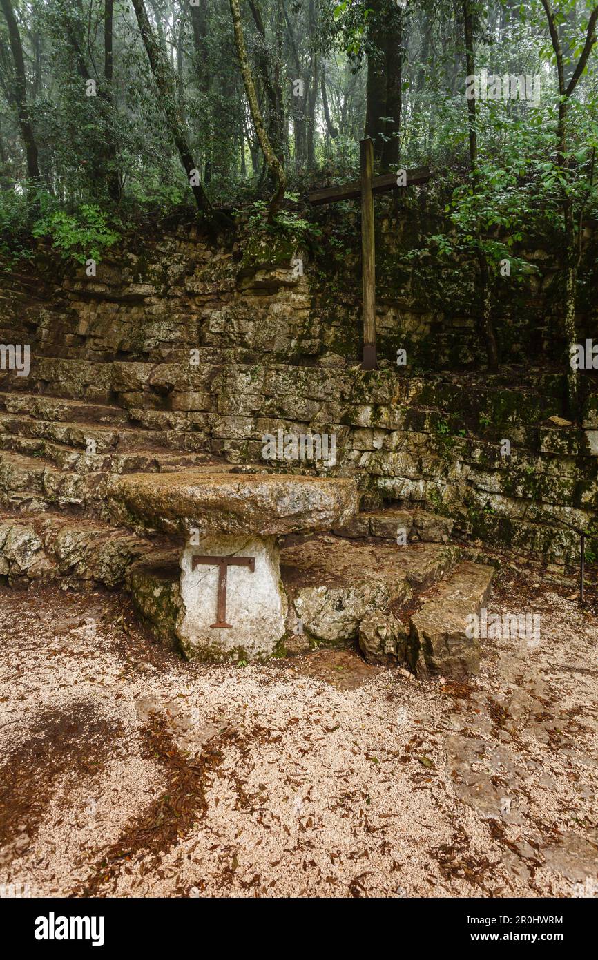 Open air altar with Tau symbol, steep forest at Eremo delle Carceri ...