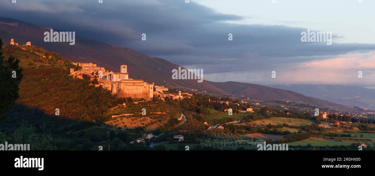 Assisi with Basilica of San Francesco in the evening light, Assisi ...