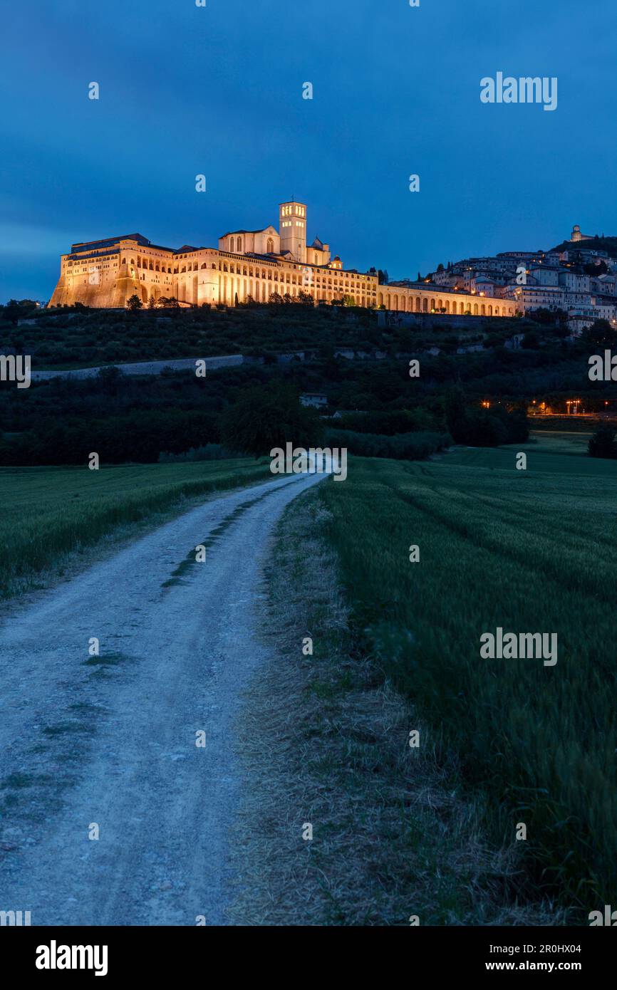 Assisi with Basilica of San Francesco d Assisi in the evening light ...