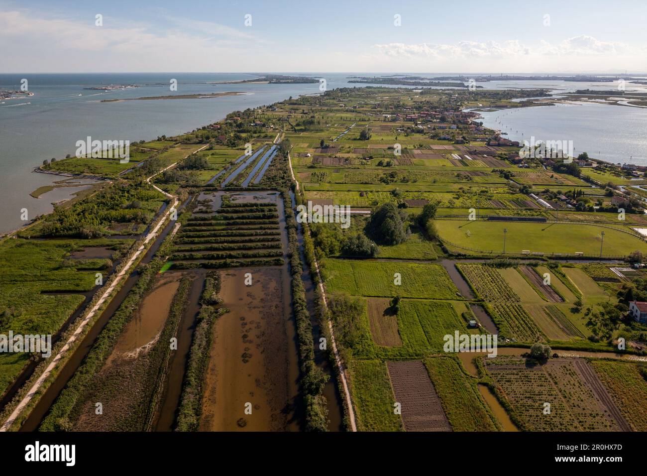 Aerial view of islands in the Venetian lagoon, Island of Sant' Erasmo ...
