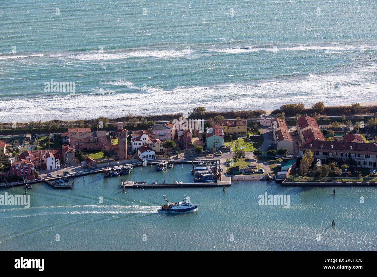 Aerial view of Venetian Lagoon with fishing boats, Pellestrina ...