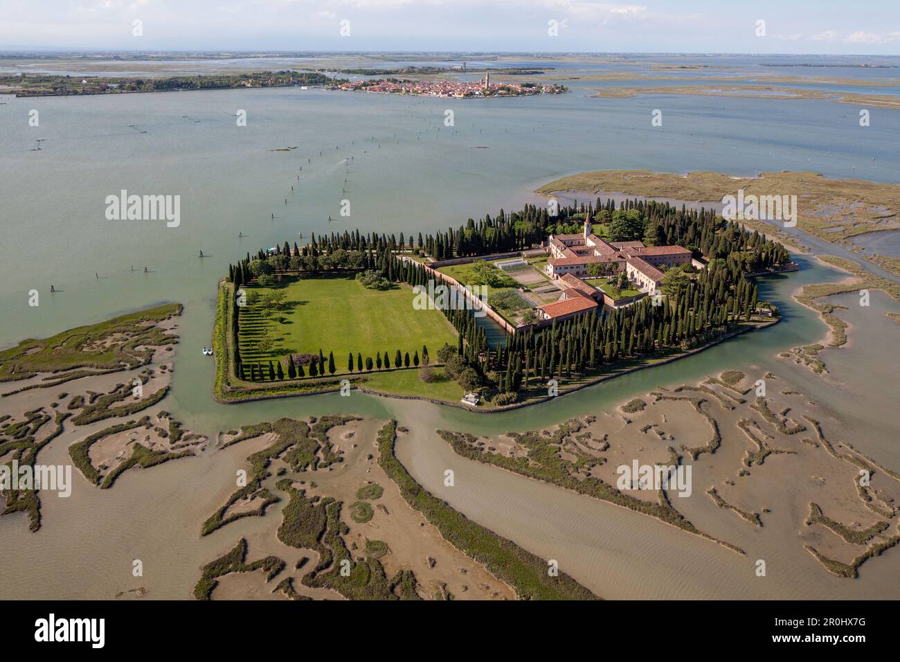 Aerial view of islands in the Venetian lagoon, Island of San Francesco ...