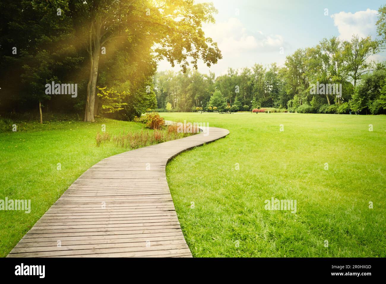 Beautiful public city park with pathway and green grass Stock Photo - Alamy