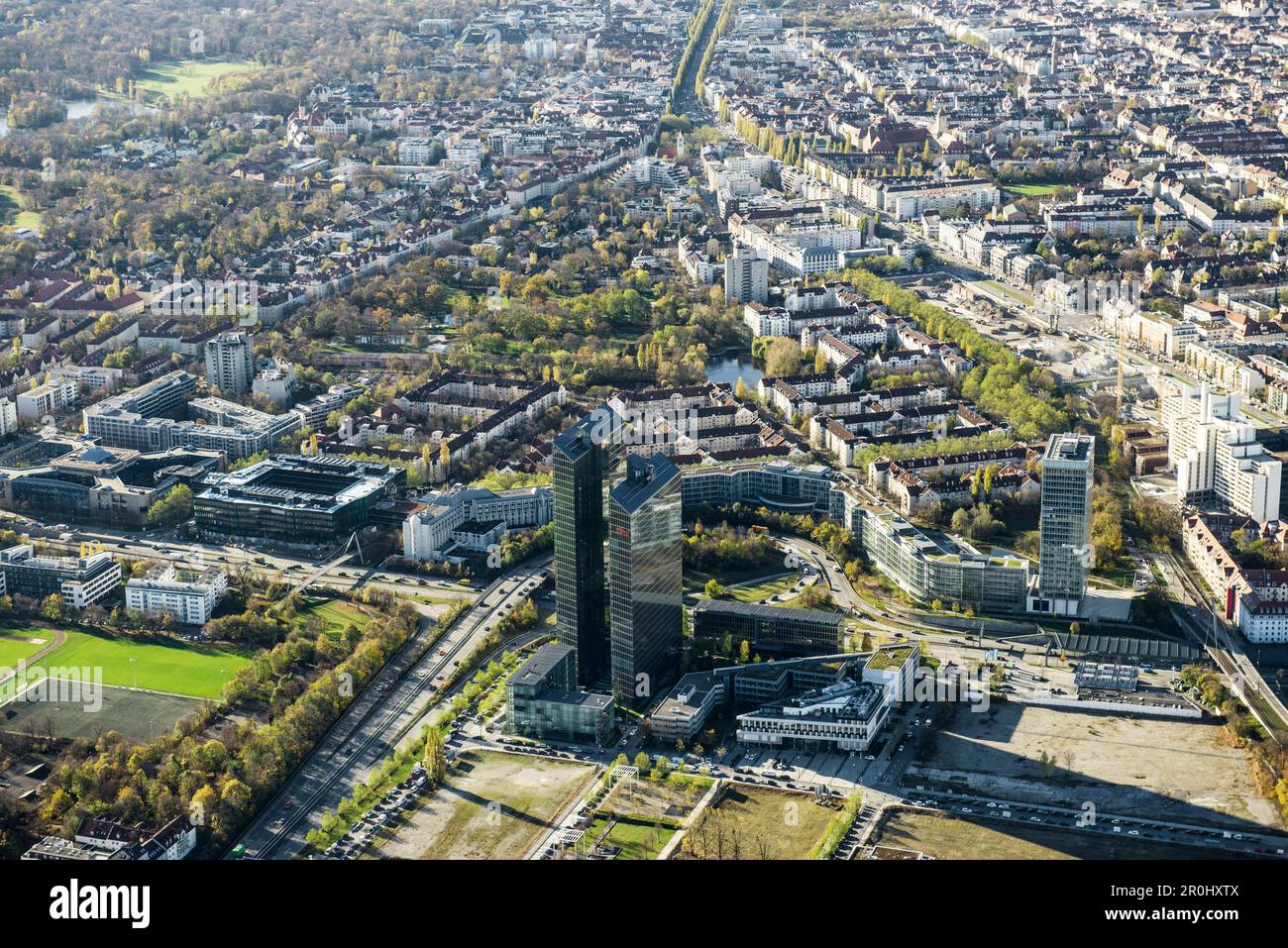 Aerial view of the Highlight Towers, Schwabing, Munich, Bavaria ...