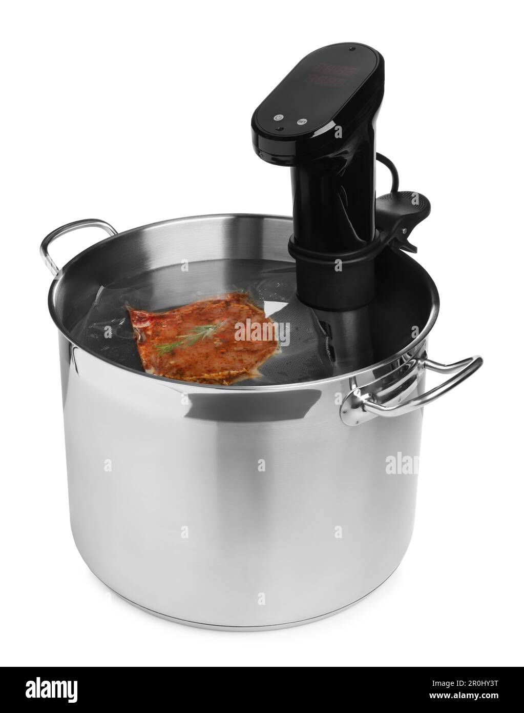 Thermal immersion circulator and meat in pot on white background ...