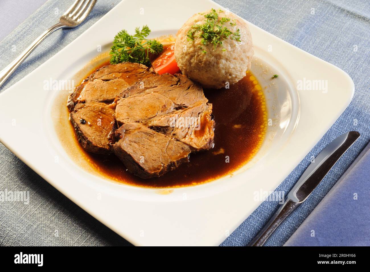 Roast pork with dumpling, food, Regen, Bavarian Forest, Bavaria ...