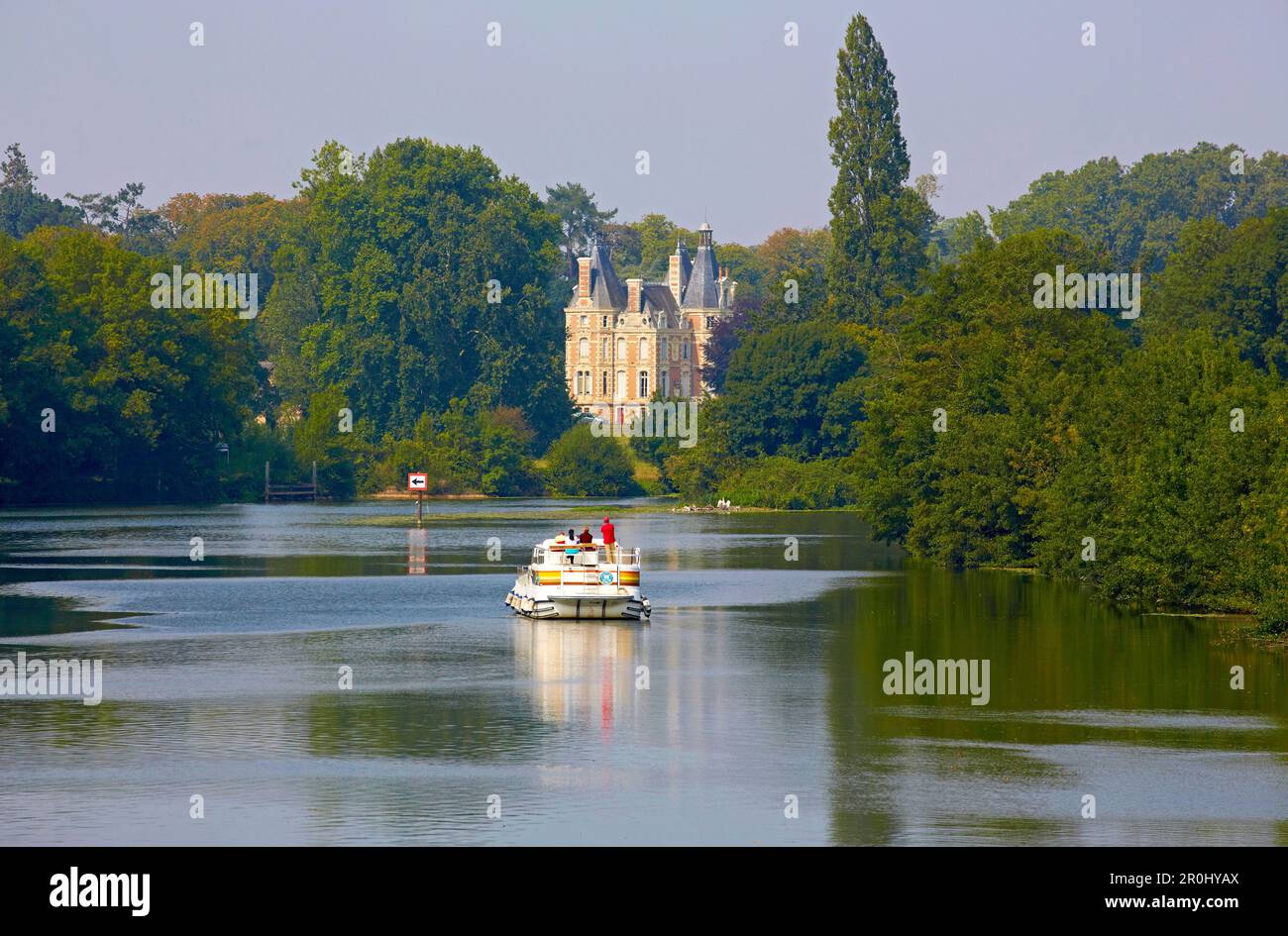 Houseboat on the river Sarthe and Chemire-sur-Sarthe castle, PK 90.5 ...