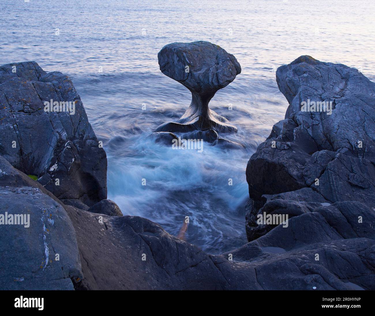 Kannesteinen, mushroom shaped rock formation in Oppedal, Vagsoy Island ...