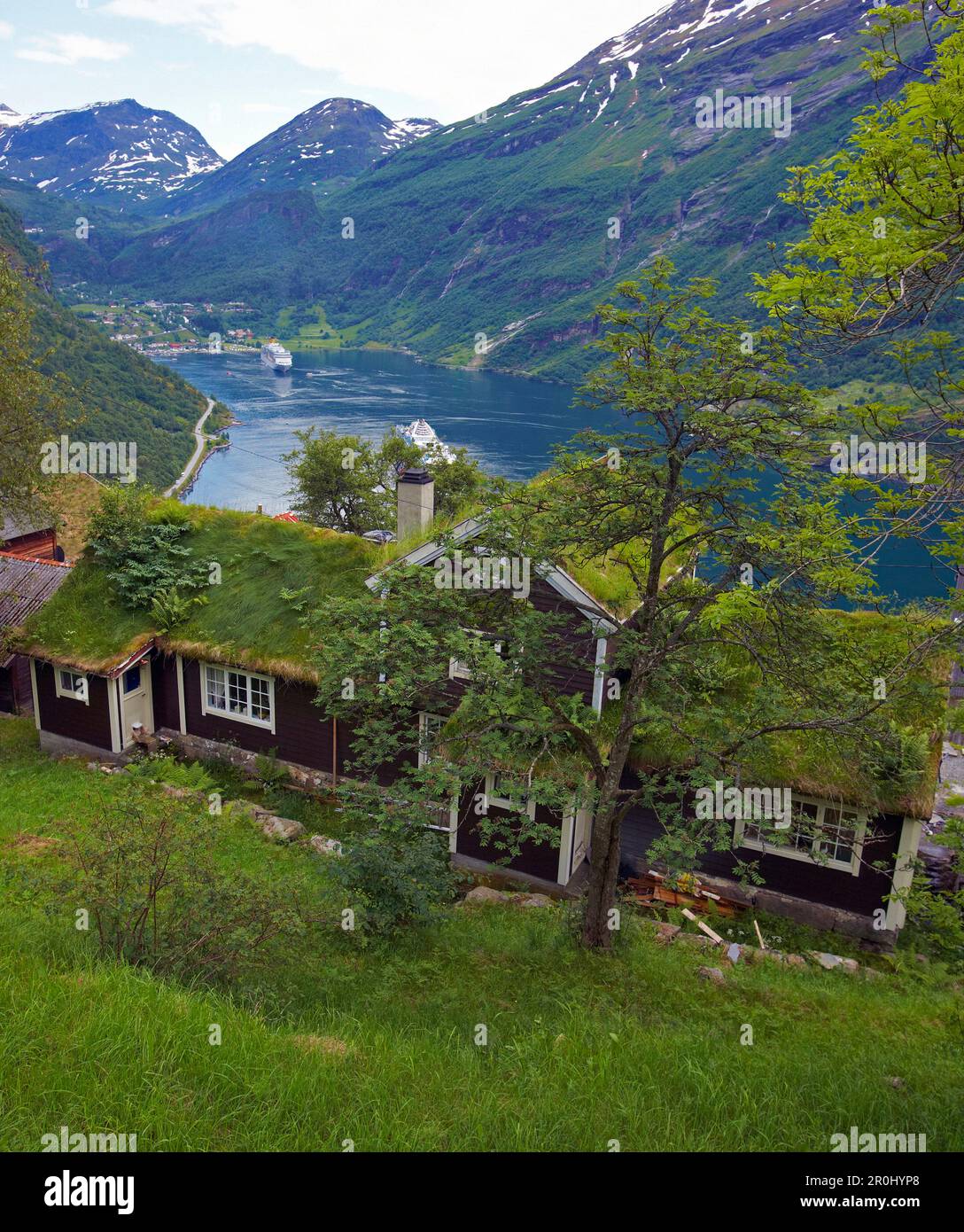 View over a farmhouse, Örneveien, towards Geirangerfjord, Geiranger, Province of More og Romsdal ...