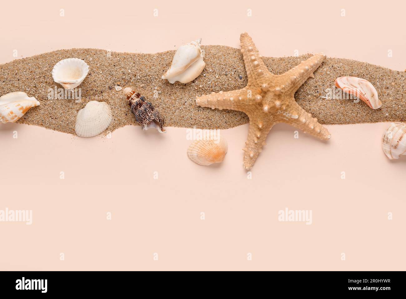 Sand with seashells and starfishes on pale pink background Stock Photo ...