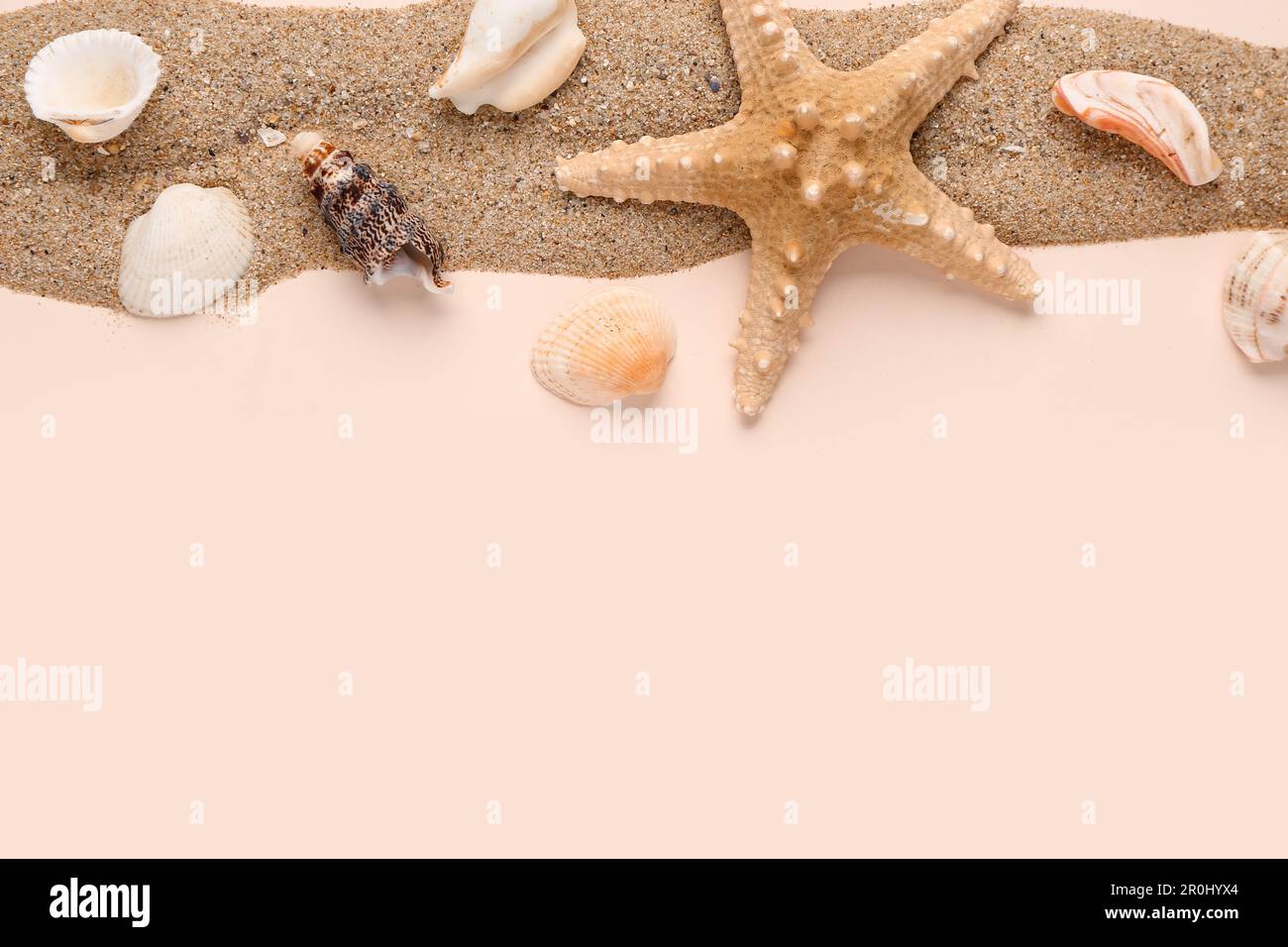 Sand with seashells and starfishes on pale pink background Stock Photo ...