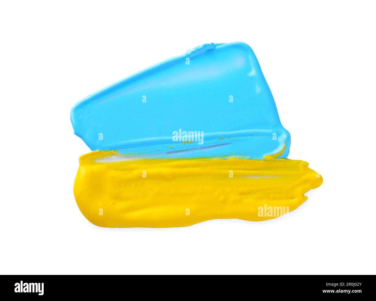 Light blue and yellow paint samples on white background, top view Stock ...