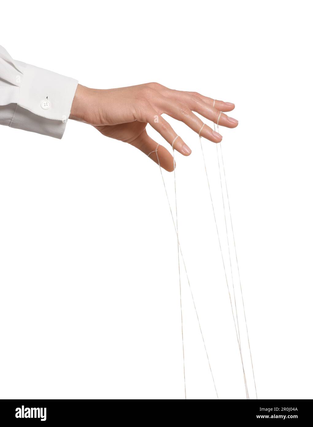 Woman pulling strings of puppet on white background, closeup Stock ...