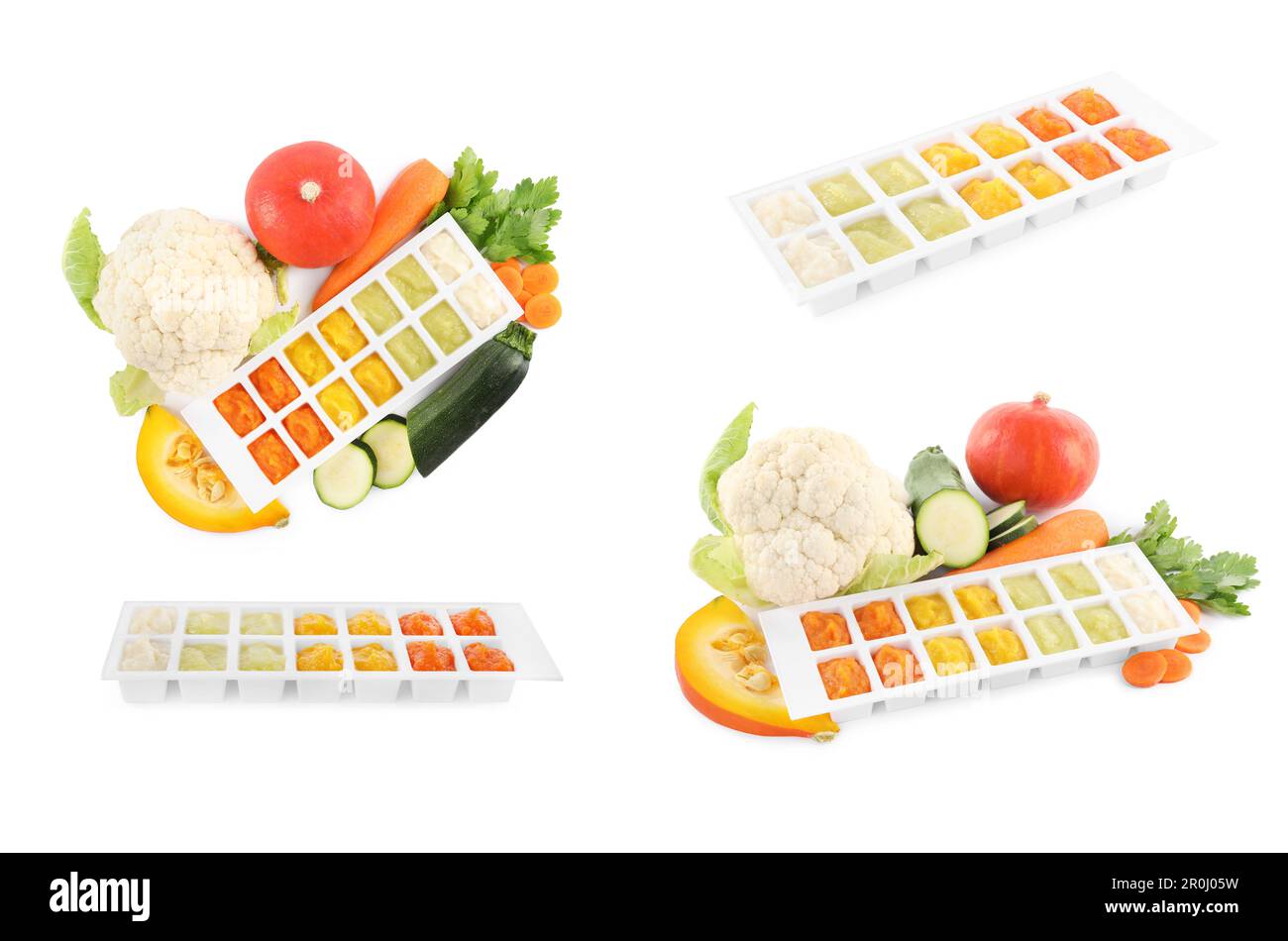 Set with different frozen puree in ice cube trays and ingredients on ...