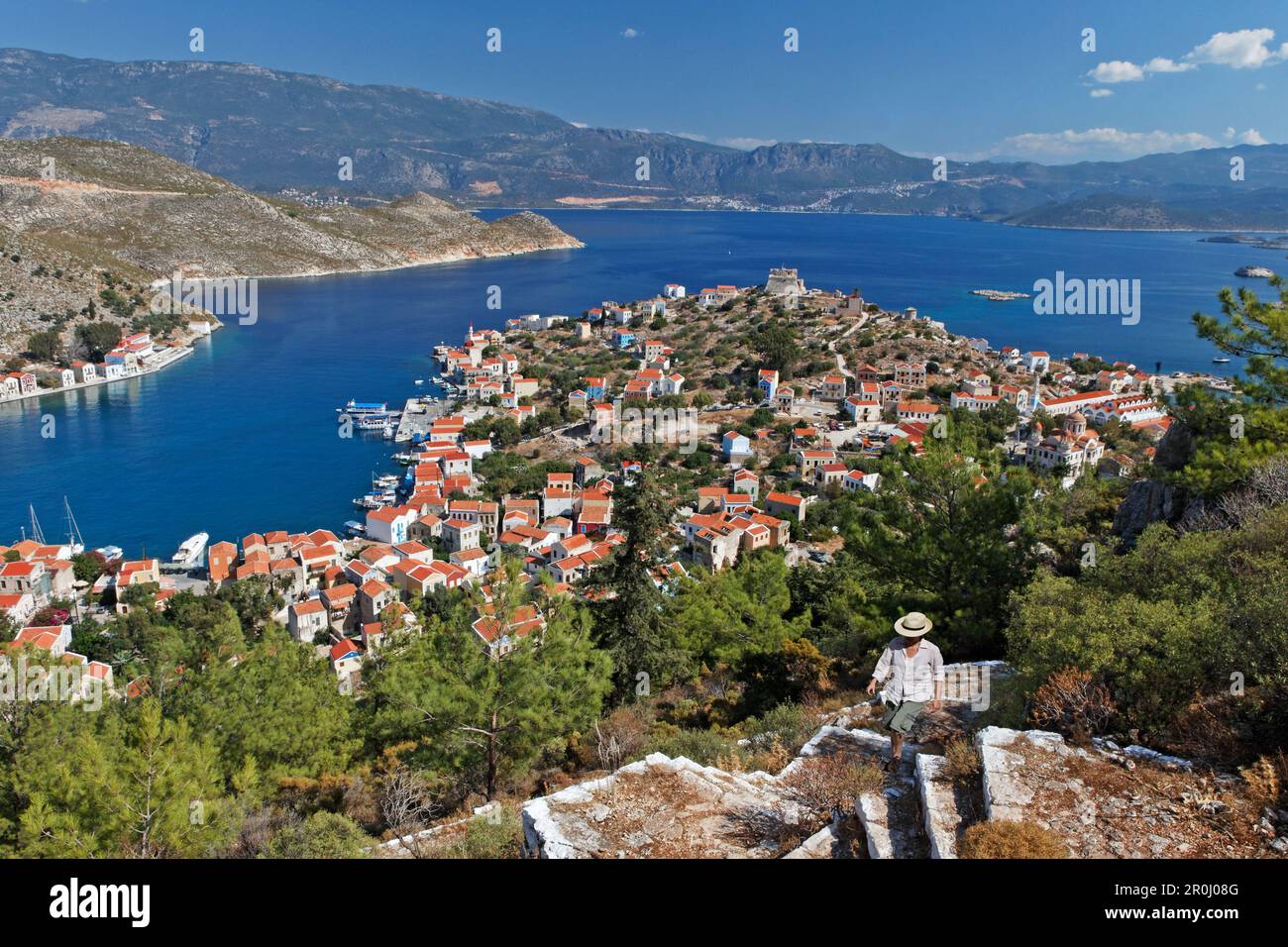 Steps up to the plains above the harbour of Kastellorizo, Dodecanese ...