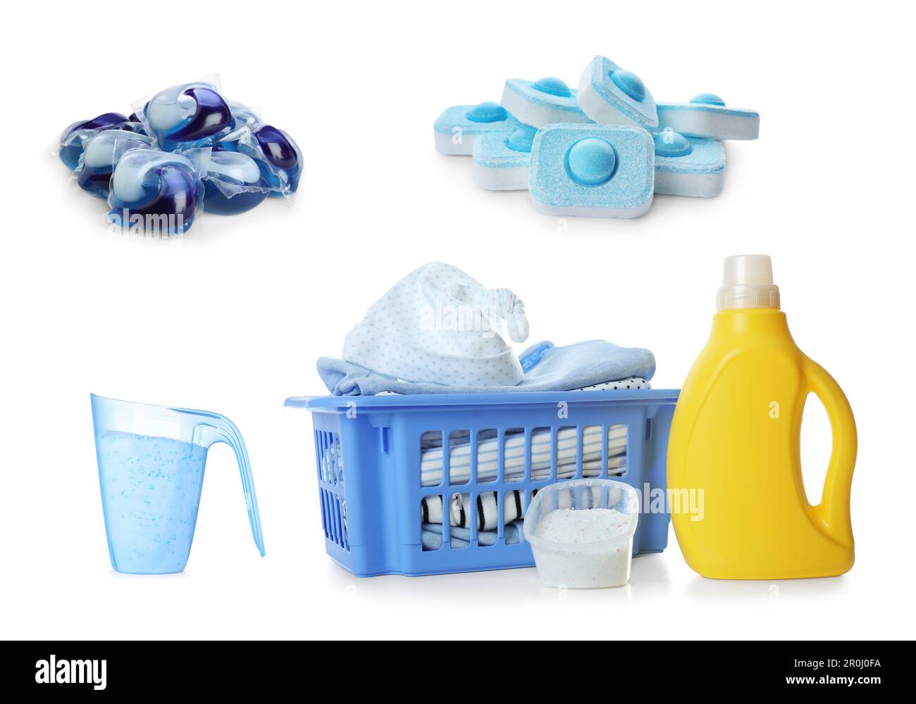 Set with different laundry products on white background Stock Photo - Alamy