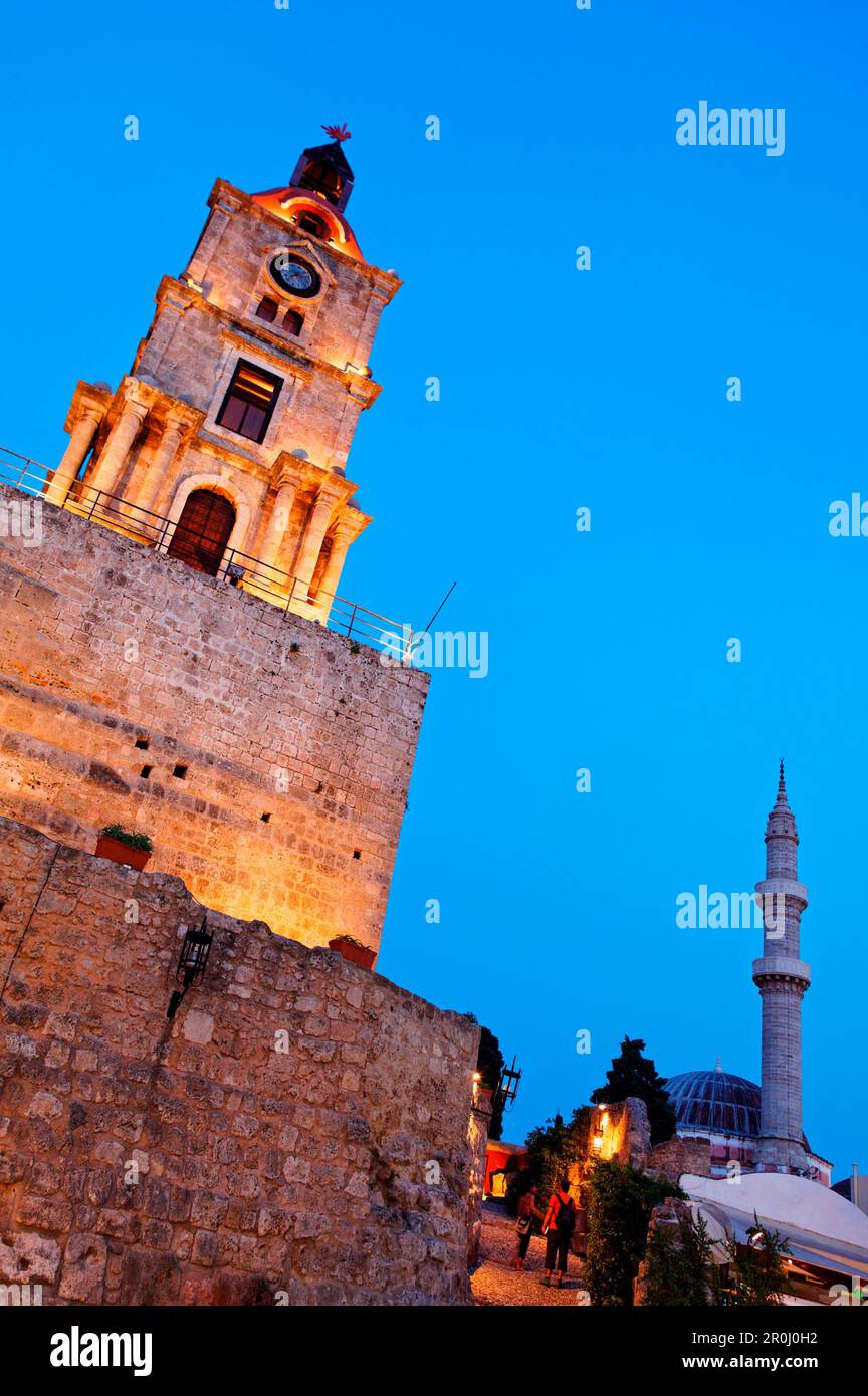 Byzantine clock tower in the old town of Rhodes town, Rhodes ...