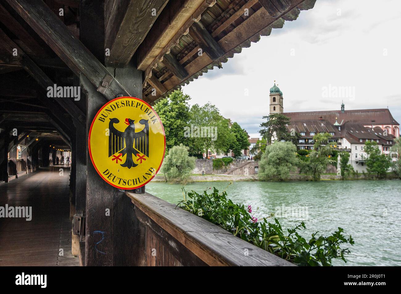 Wooden bridge and German border sign, Bad Saeckingen, Black Forest ...