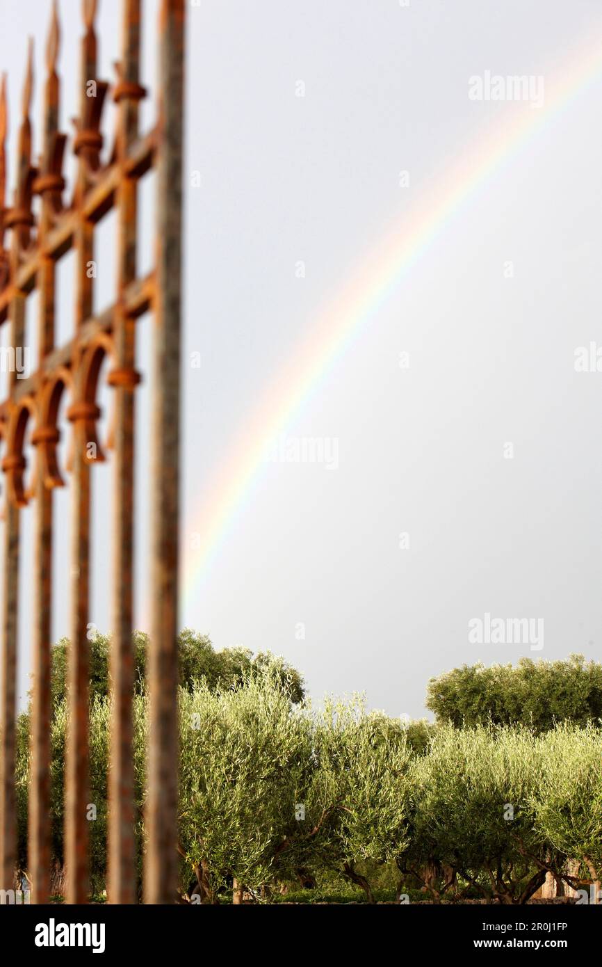 View through a garden gate towards a rainbow, Masseria, Alchimia ...