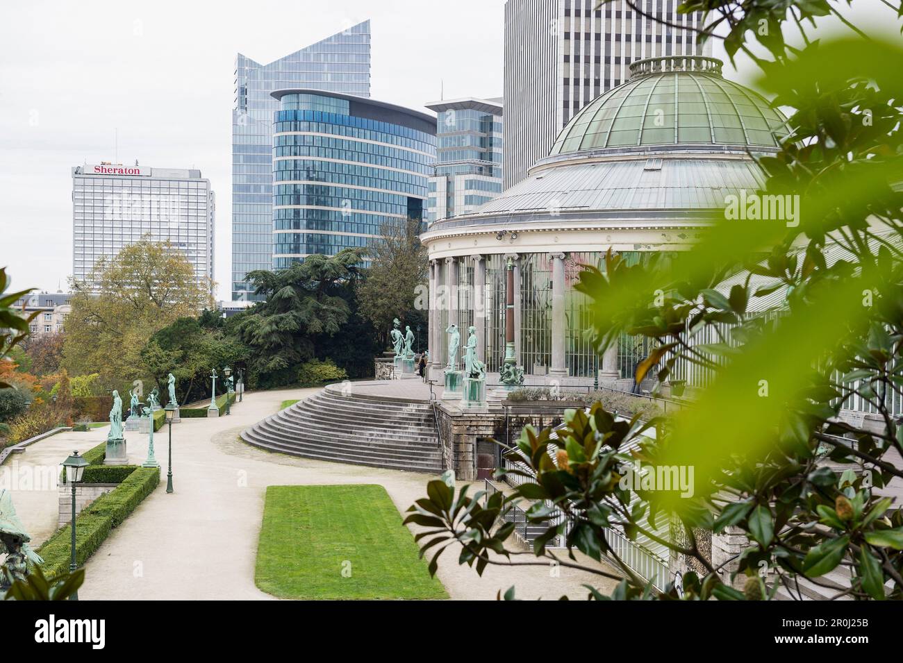 Botanical Garden, high-rise buildings in background, Brussels, Belgium ...