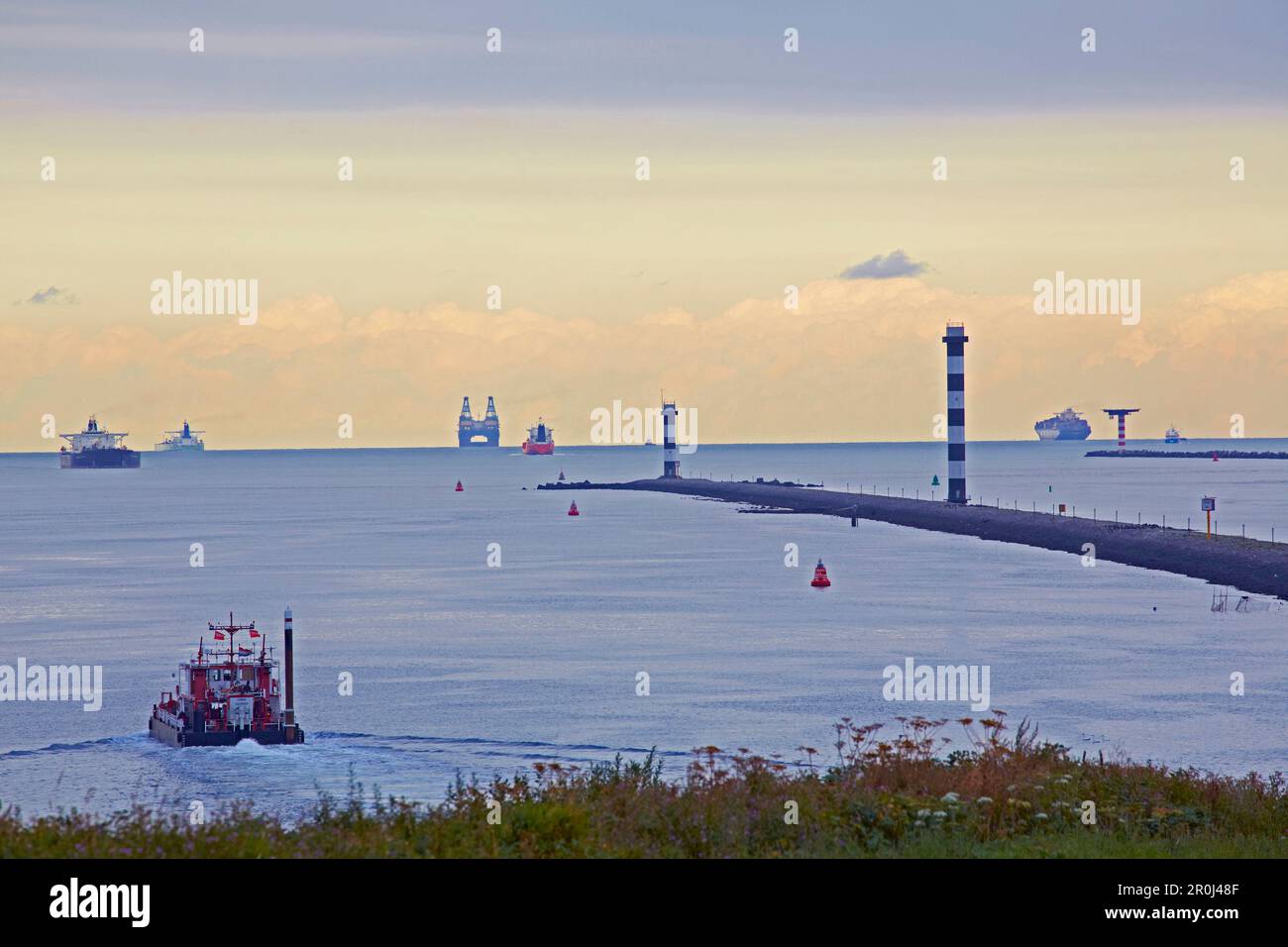Freighters and Europort near Hoek van Holland, Mouth of the river Rhine ...