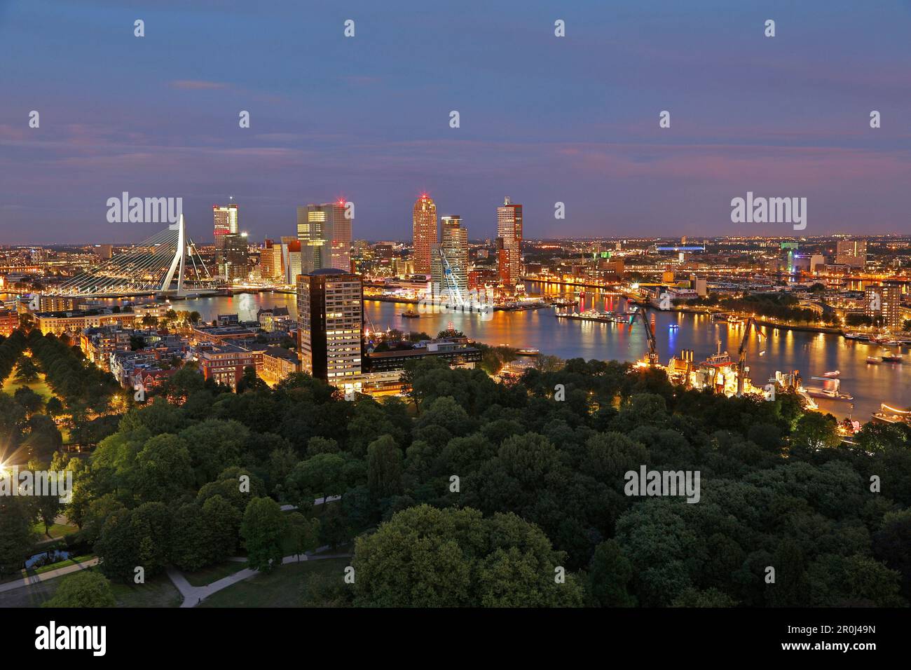 View at the Harbour of Rotterdam, Skyline with Erasmus bridge, Province ...