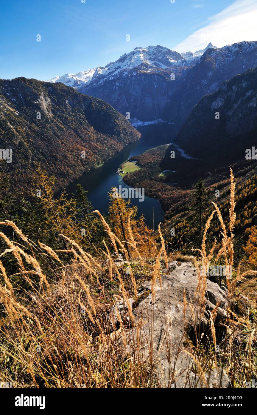 View from mount Archenkanzel over lake Koenigssee with St. Bartholomew ...