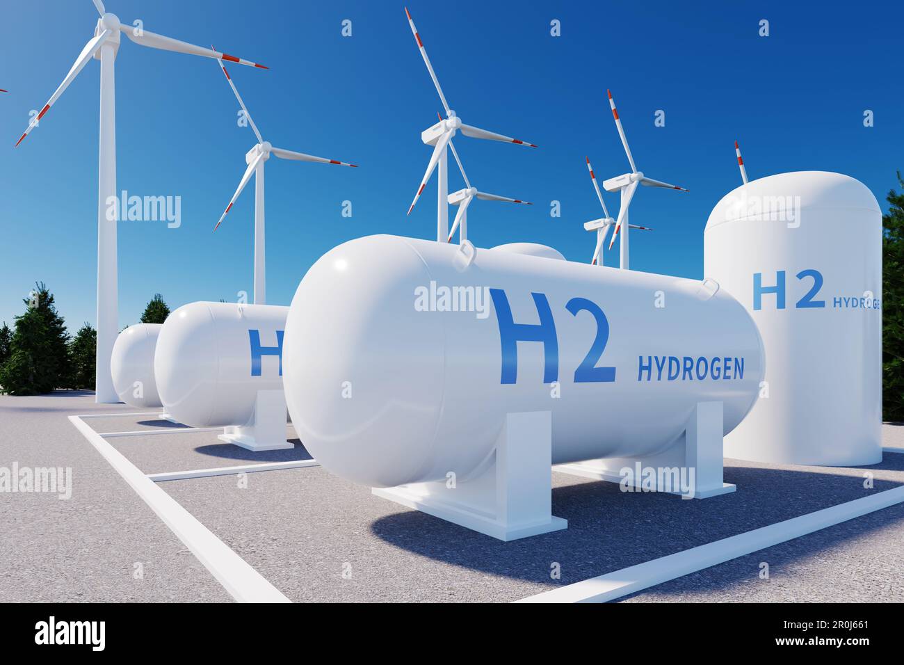 h2 hydrogen tank and wind power turbines, 3d rendering Stock Photo - Alamy
