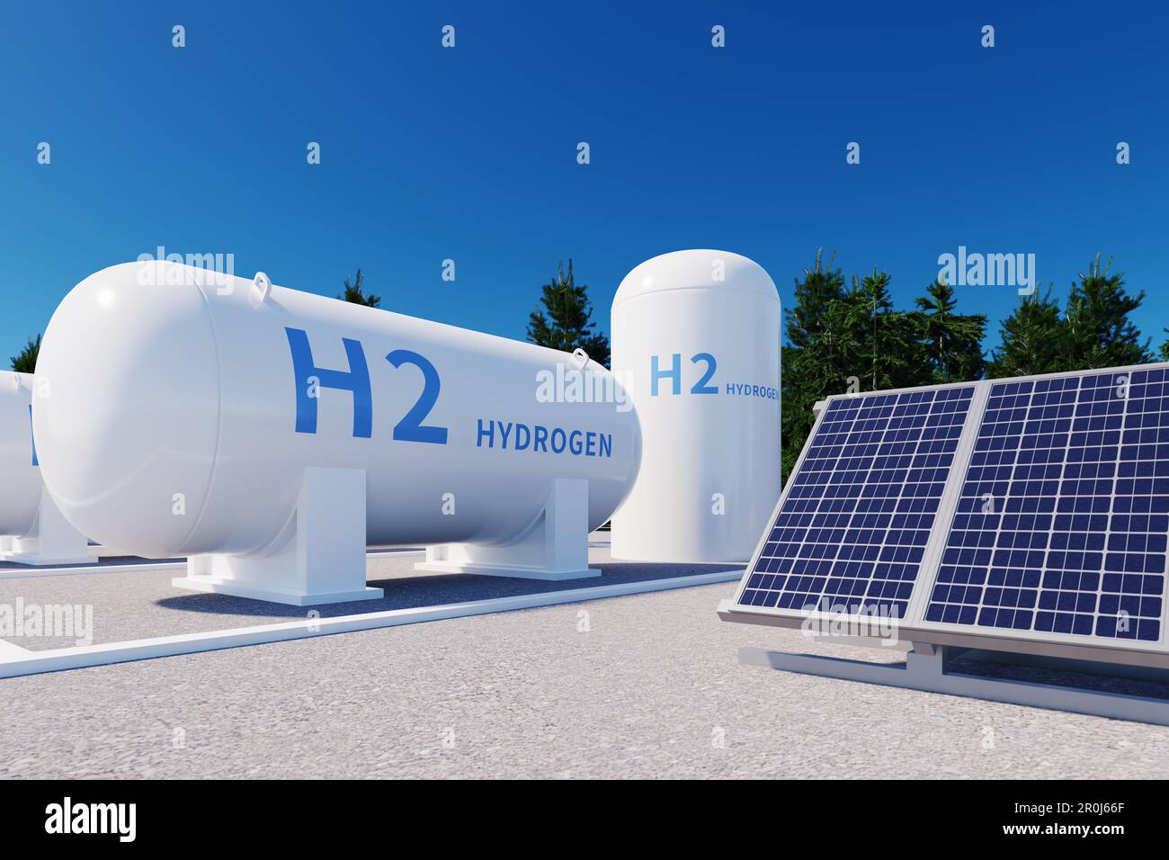 solar energy panels and h2 hydrogen tank on the ground, 3d rendering ...