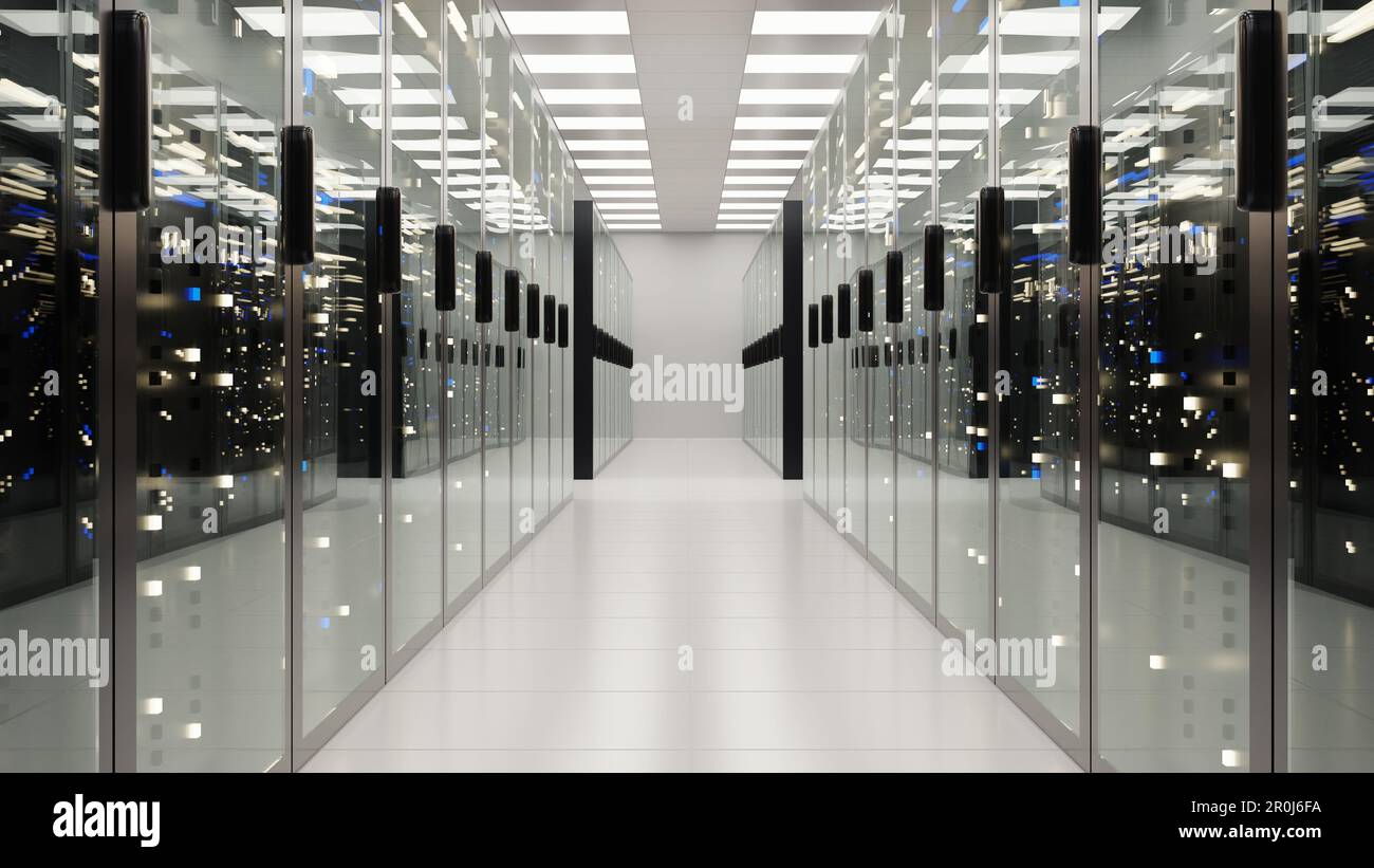 Clean data center with white lights with nobody around Stock Photo - Alamy