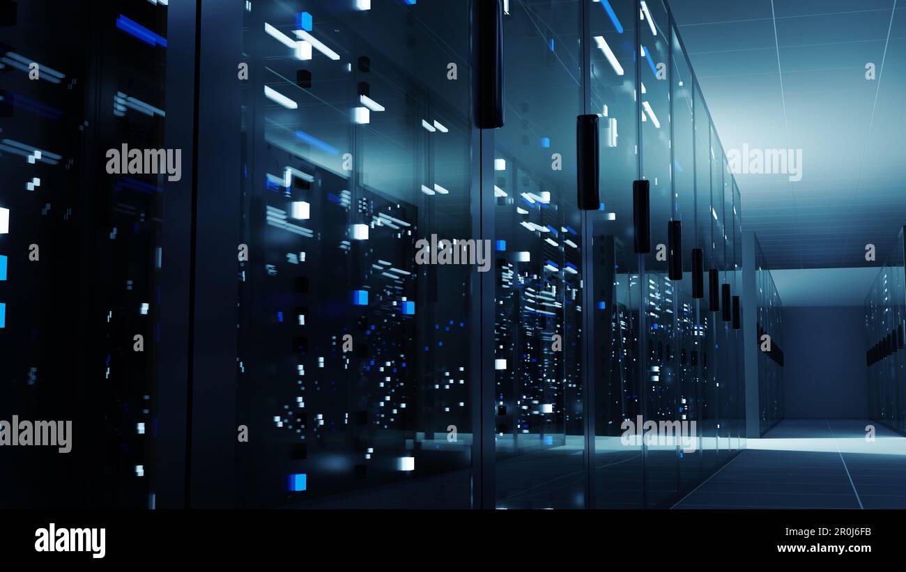 data center with dark blue lights lit by nobody Stock Photo - Alamy