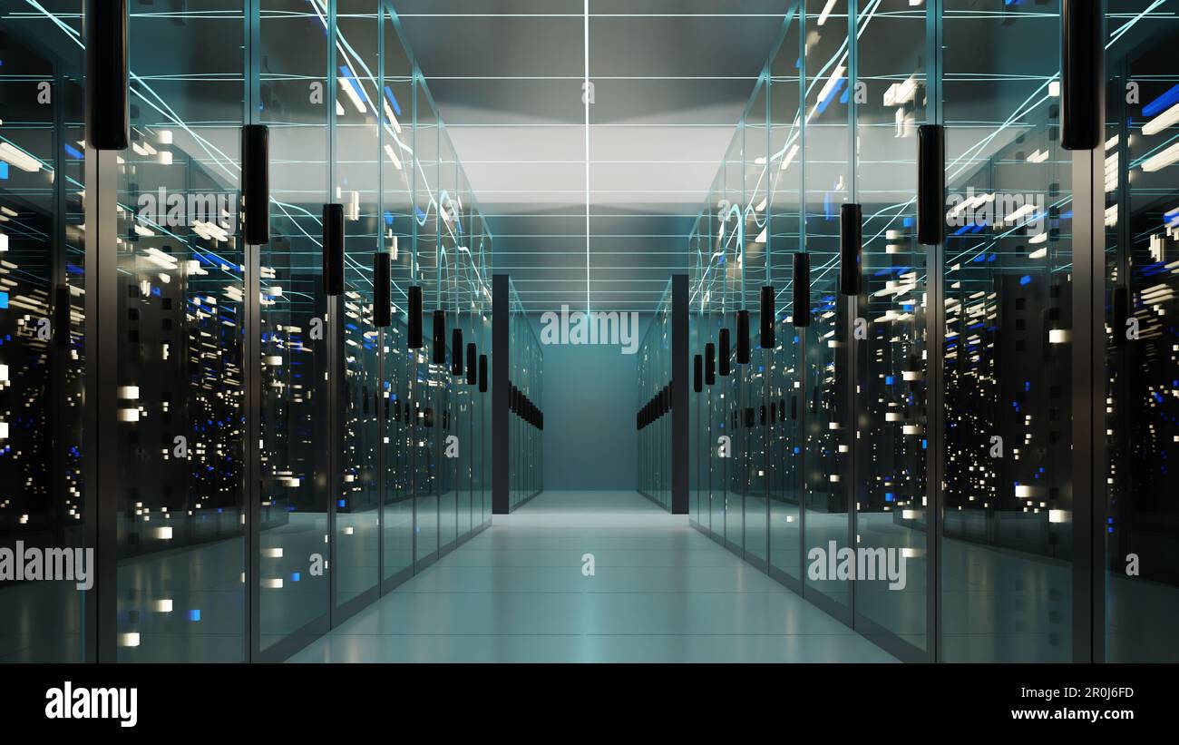Clean data center with blue lights lit by nobody Stock Photo - Alamy