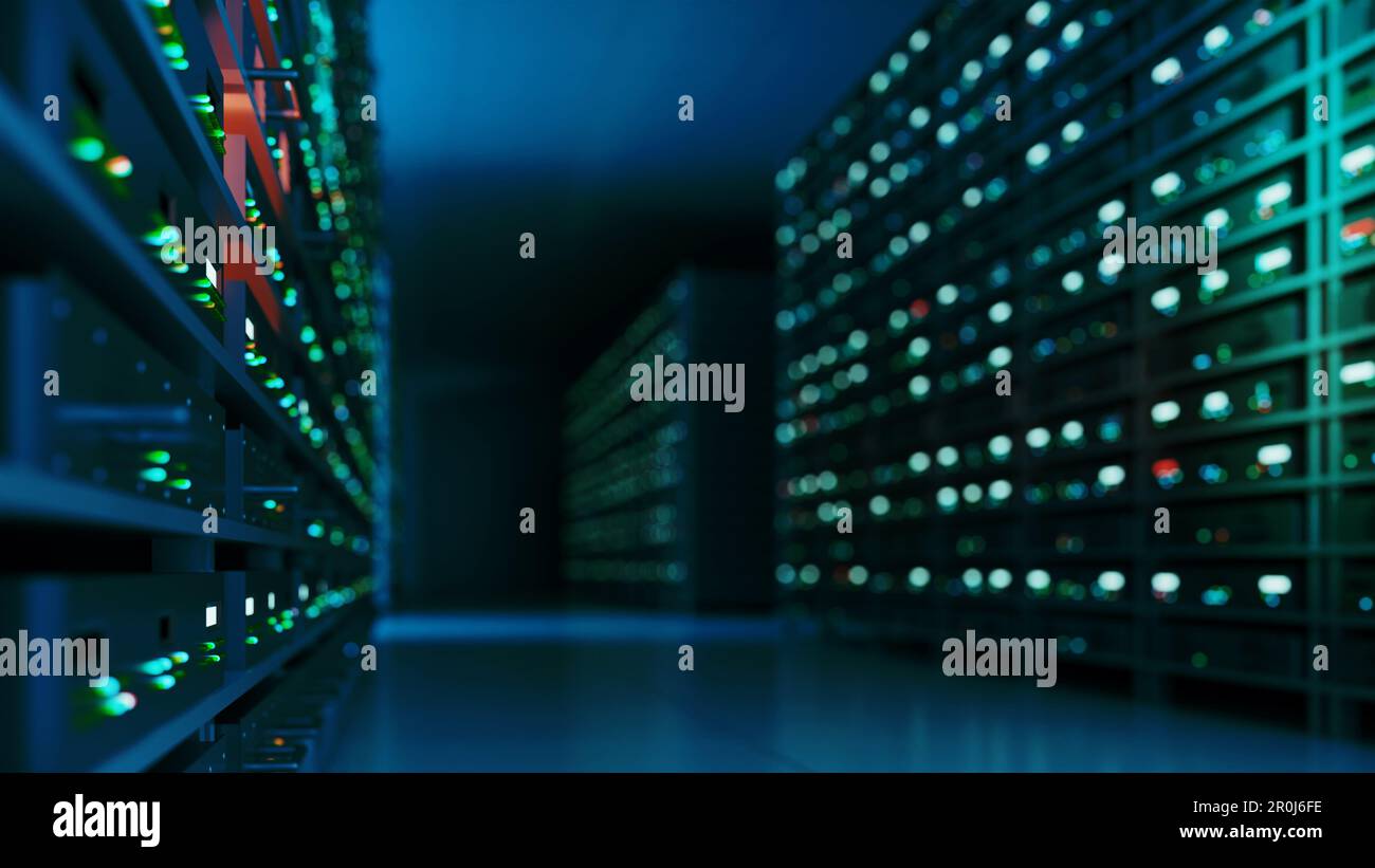 Clean data center with dark blue lights lit by nobody Stock Photo - Alamy