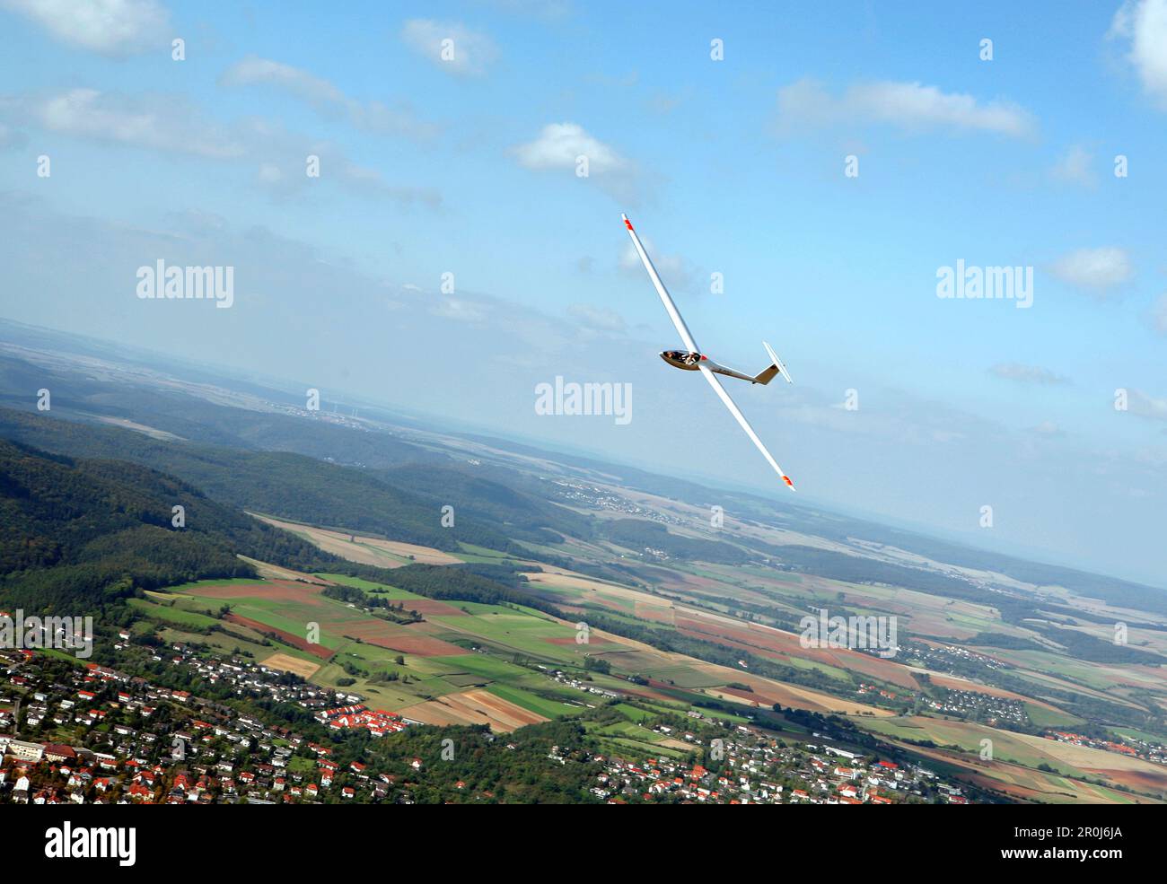Aerial of glider aircraft during a flight, Odershausen, Bad Wildungen ...