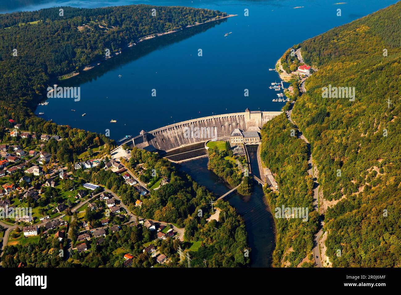 Aerial of Lake Edersee with Edertalsperre dam, Lake Edersee, Hesse ...