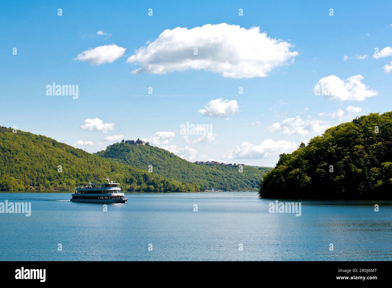 View to Waldeck Castle with excursion boat, Stern of Waldeck, on Lake ...