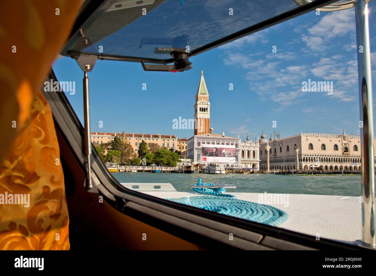 View through window of houseboat in Bacino San Marco with Campanile ...