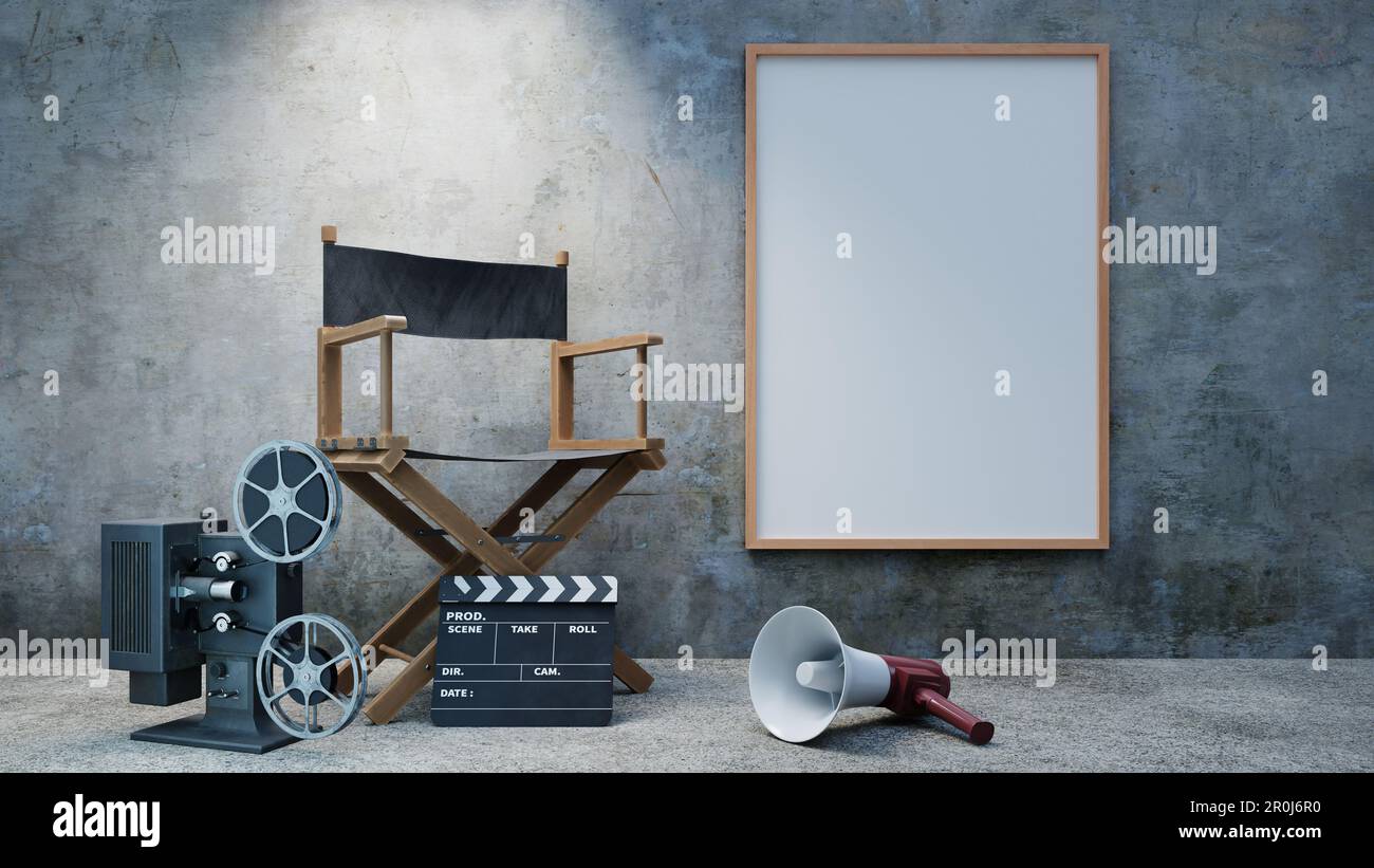 movie poster mockup template with film director's chair, 3d rendering ...