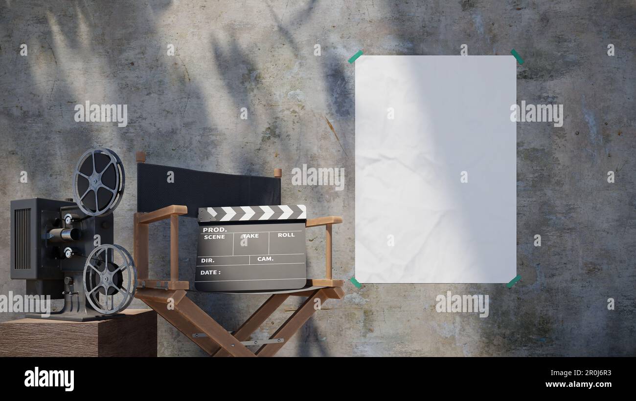 poster mock up with Film director's chair and retro film projector, 3d ...