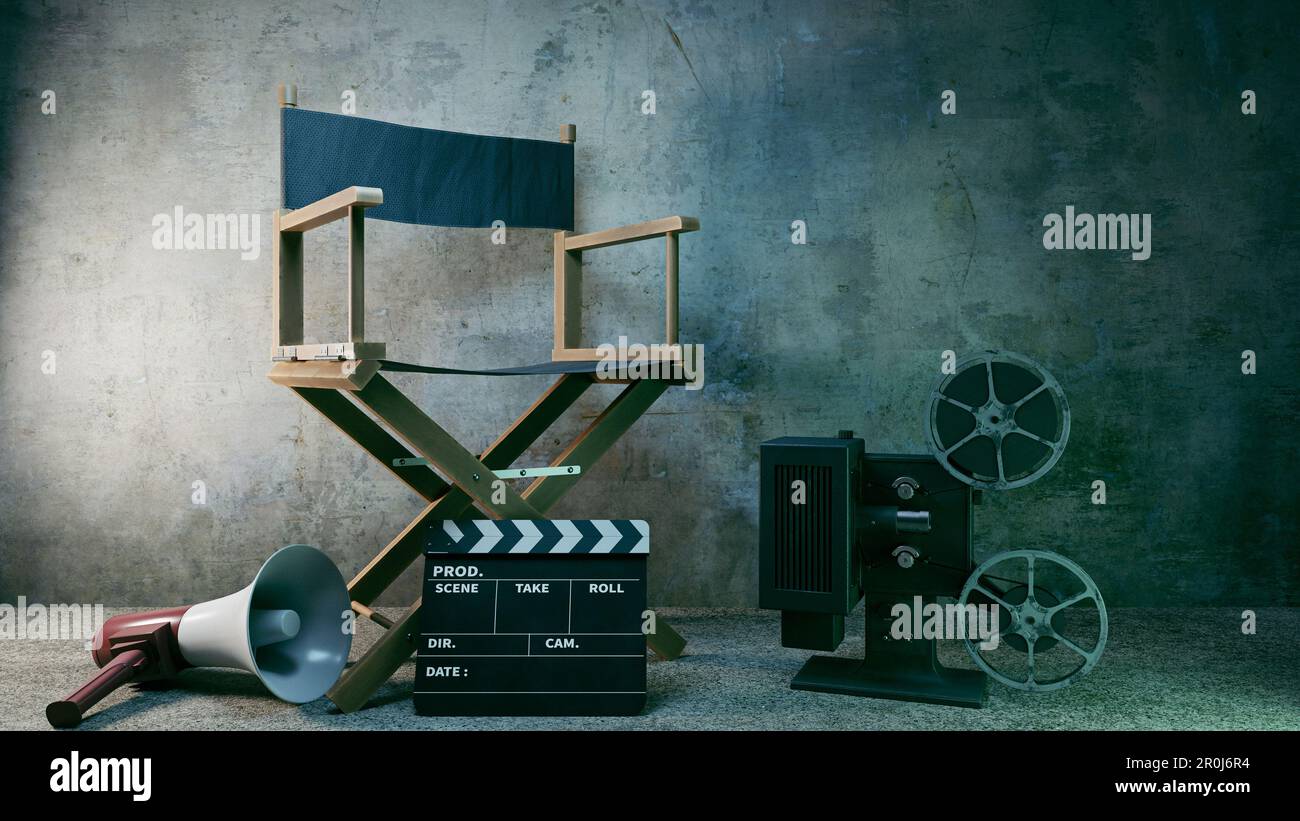 movie director's chair with projector and slate, 3d rendering Stock ...