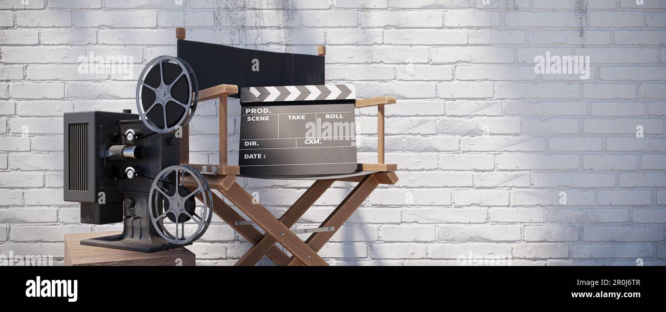 Film director's chair and retro film projector, 3d rendering Stock ...