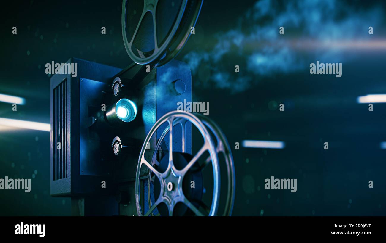 An old movie projector shining light in a dark place, 3d rendering ...