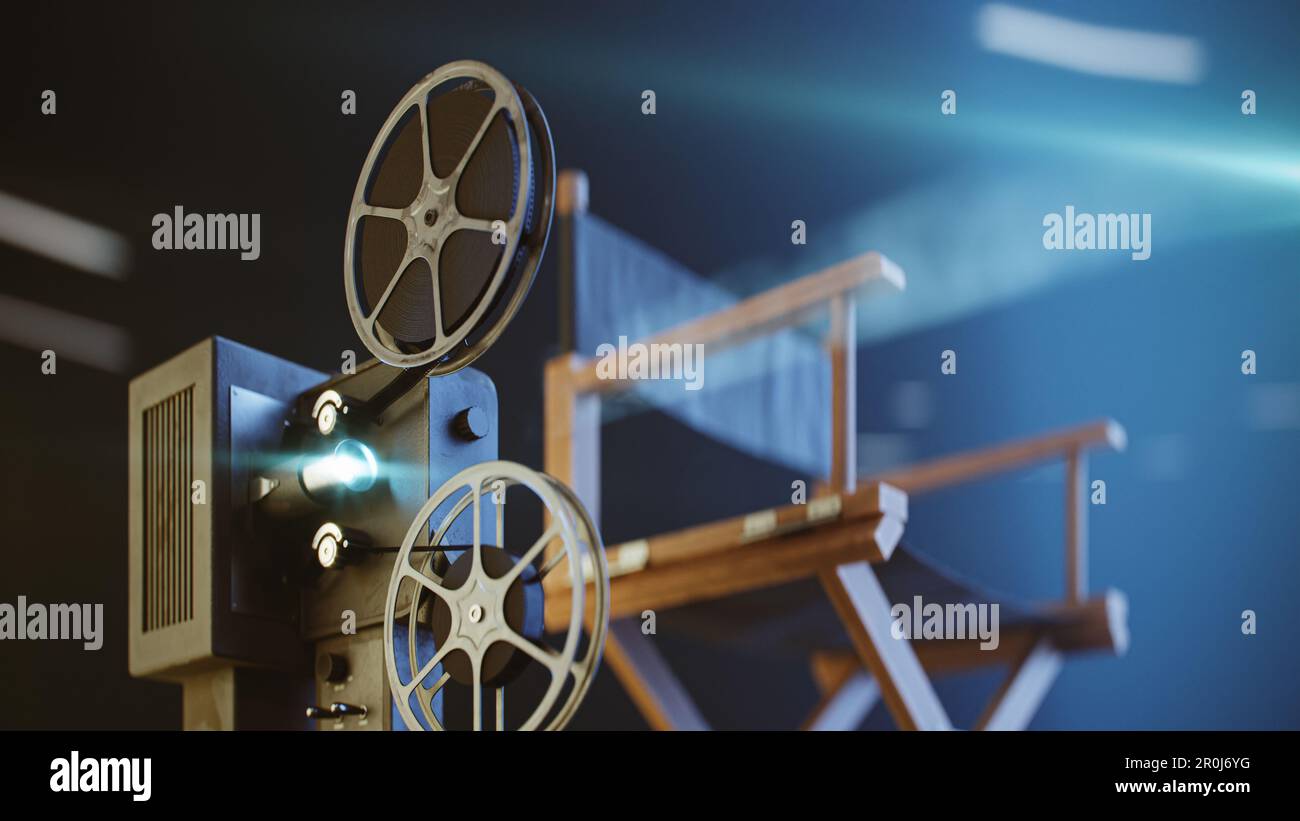 movie projector and movie director's chair in dark place, 3d rendering ...