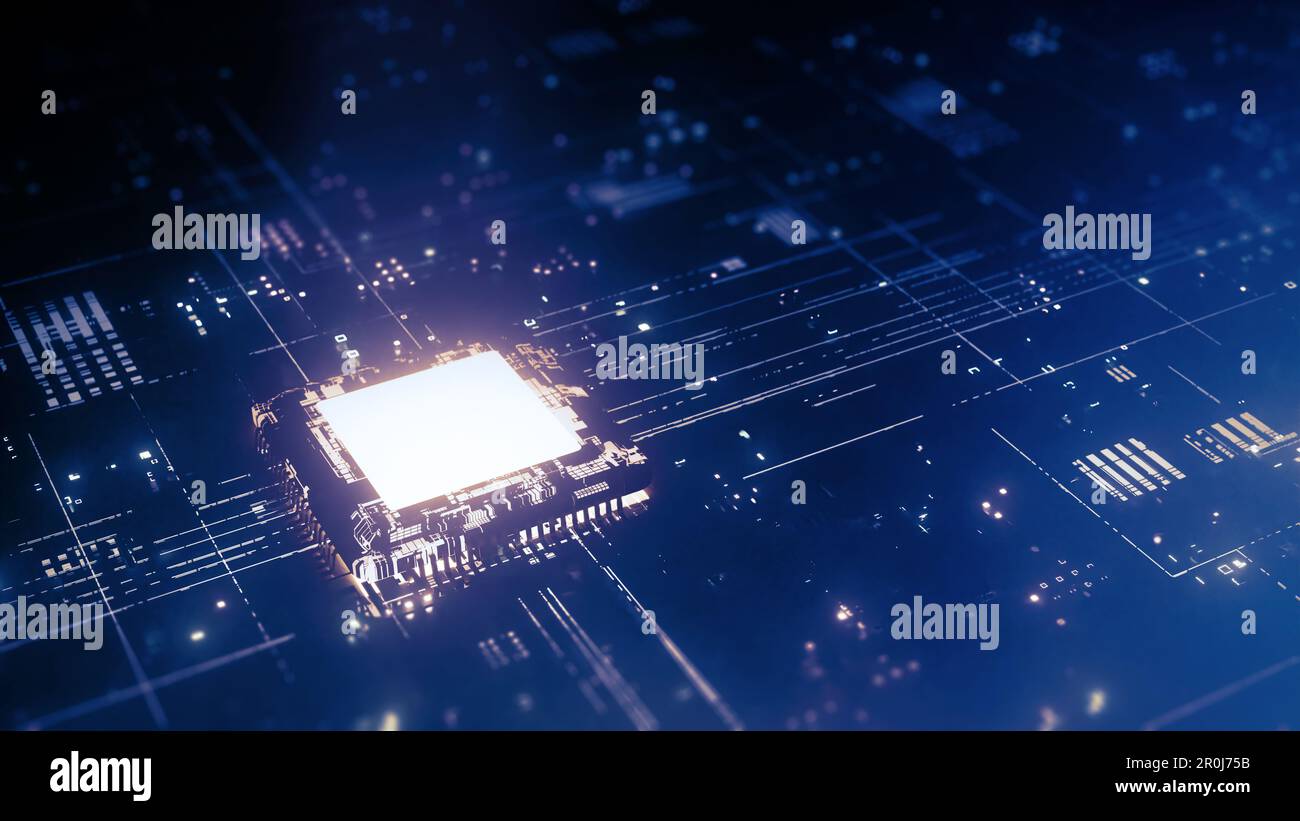 Concept image of semiconductor circuits and chips that glow brightly in ...