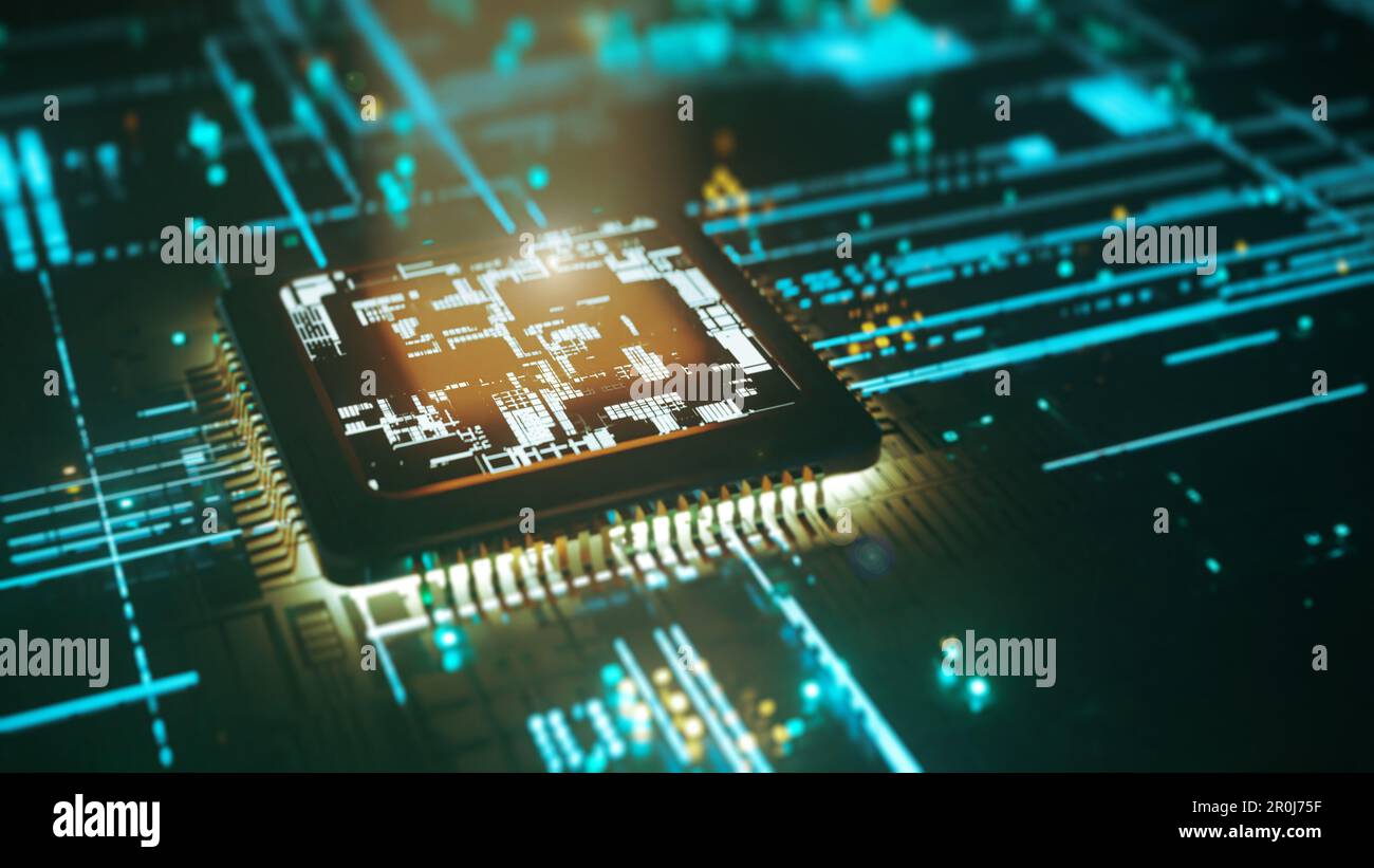 Concept image of a circuit glowing green in the dark and a ...