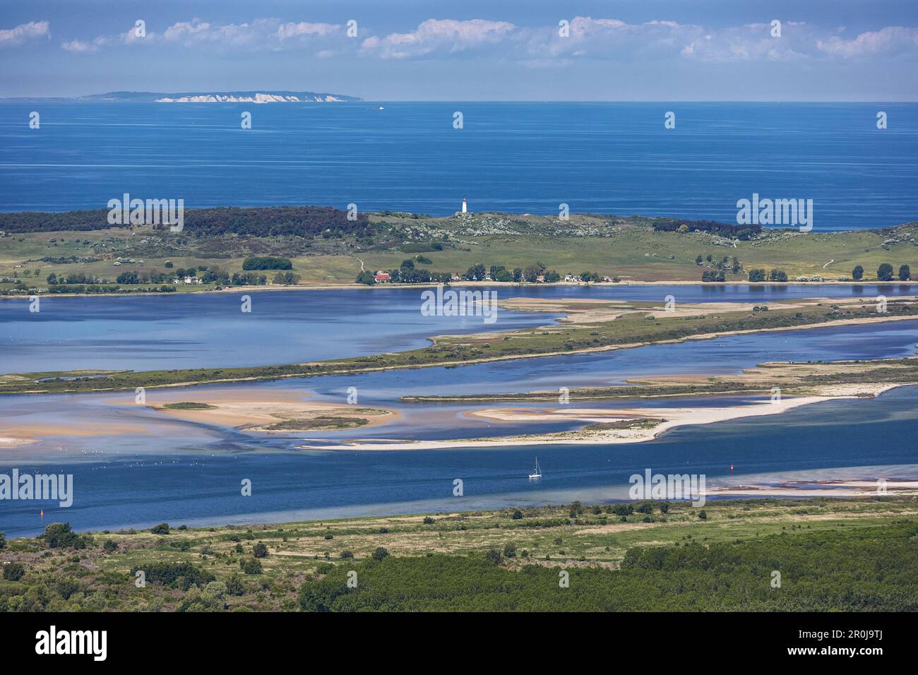 Aerial photo of Ruegen in the foreground, Hiddensee Island in the ...