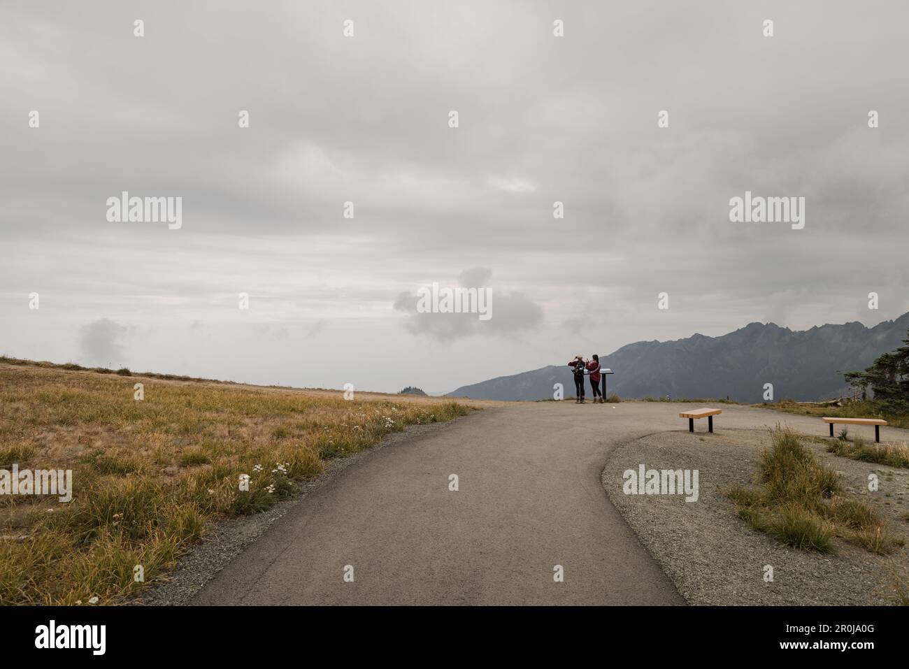 Two women read sign at the top of Hurricane Hill in Olympic National ...